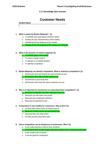 Edexcel GCSE Business 9-1 Theme 1 Topic 2 quizzes | Teaching Resources