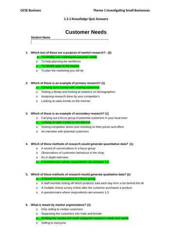 Edexcel GCSE Business 9-1 Theme 1 Topic 2 quizzes | Teaching Resources