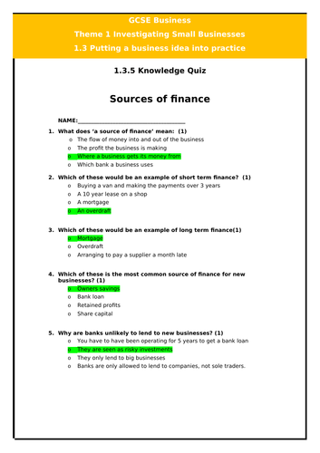 Edexcel GCSE Business 9-1 Theme 1 Topic 3 quizzes | Teaching Resources
