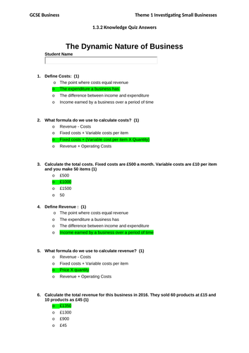 Edexcel GCSE Business 9-1 Theme 1 Topic 3 quizzes | Teaching Resources