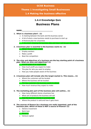 Edexcel GCSE Business 9-1 Theme 1 Topic 4 quizzes | Teaching Resources
