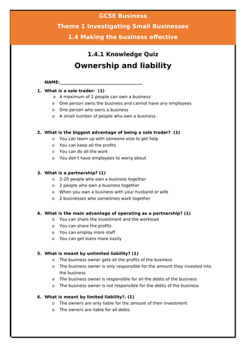 Edexcel GCSE Business 9-1 Theme 1 Topic 4 quizzes | Teaching Resources