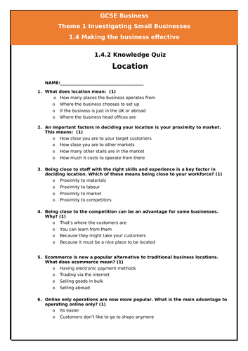 Edexcel GCSE Business 9-1 Theme 1 Topic 4 quizzes | Teaching Resources