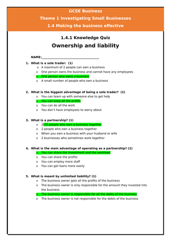 Edexcel GCSE Business 9-1 Theme 1 Topic 4 quizzes | Teaching Resources