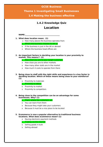 Edexcel GCSE Business 9-1 Theme 1 Topic 4 quizzes | Teaching Resources