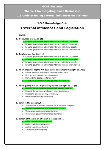 Edexcel GCSE Business 9-1 Theme 1 Topic 5 quizzes | Teaching Resources