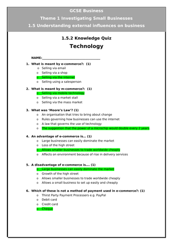Edexcel GCSE Business 9-1 Theme 1 Topic 5 quizzes | Teaching Resources