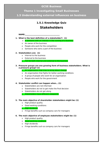 Edexcel GCSE Business 9-1 Theme 1 Topic 5 quizzes | Teaching Resources