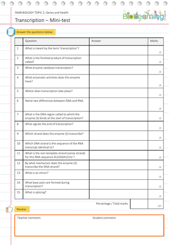 Transcription - Mini-test (KS5) | Teaching Resources
