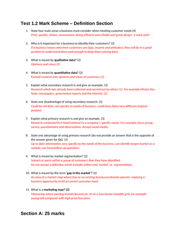 End of Topic Test - Topic 1.2 - Edexcel GCSE Business | Teaching Resources
