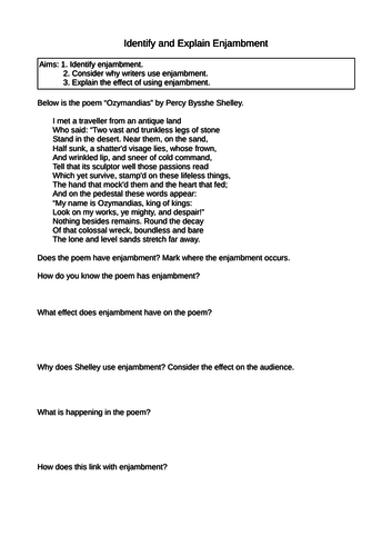 Enjambment Worksheets Grid Information Sheet Literature GCSE AQA Poetry ...