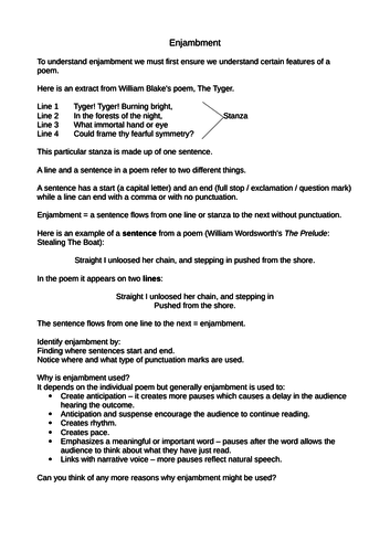 Enjambment Worksheets Grid Information Sheet Literature GCSE AQA Poetry ...