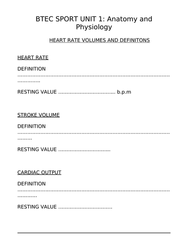 BTEC SPORT Cardiovascular Worksheets for Unit 1, Nationals L3 ...