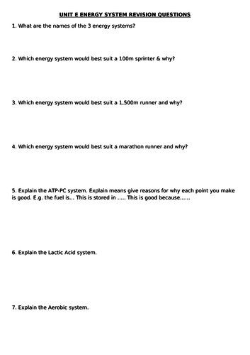 BTEC SPORT Energy Systems Worksheets for Unit 1, Nationals L3 (new spec ...