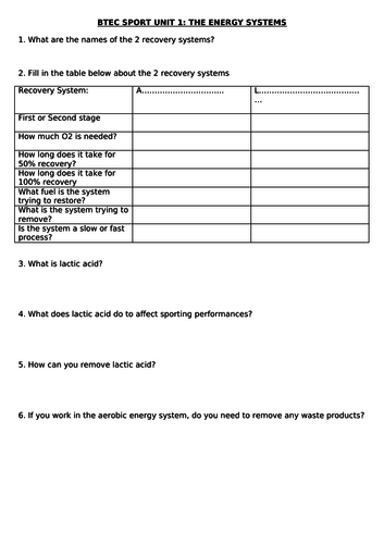 BTEC SPORT Energy Systems Worksheets for Unit 1, Nationals L3 (new spec ...