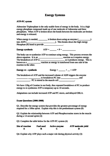 BTEC SPORT Energy Systems Worksheets for Unit 1, Nationals L3 (new spec ...