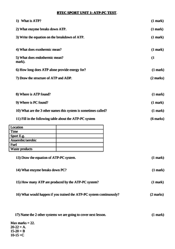 BTEC SPORT Energy Systems Worksheets for Unit 1, Nationals L3 (new spec ...