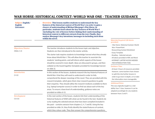 War Horse - Historical Context: World War One! | Teaching Resources
