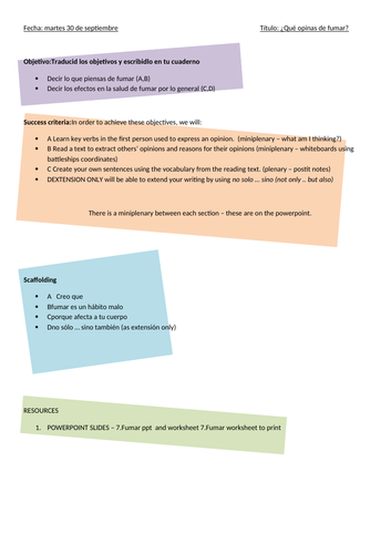 Spanish - Smoking and bad habits - Fumar es peligroso | Teaching Resources