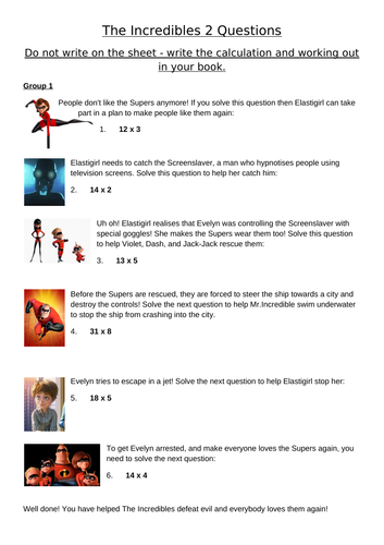 The Incredibles 2 themed multiplication Year 4 maths worksheets by ...