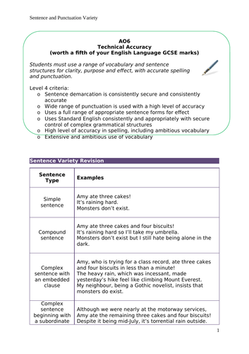 GCSE Ambitious Vocabulary and Sentence Variety Booster (AO6) | Teaching ...