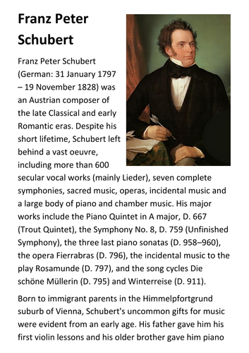 Franz Schubert Handout | Teaching Resources