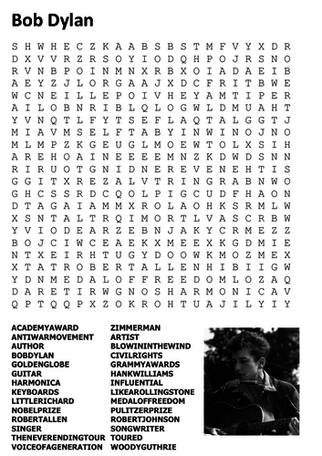 Bob Dylan Word Search | Teaching Resources