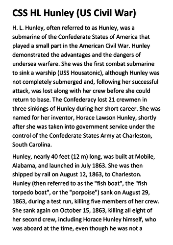 CSS HL Hunley (US Civil War) Handout | Teaching Resources