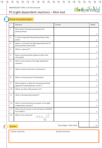 Photosynthesis: Light-dependent reaction - Mini-test (KS5) | Teaching ...