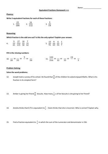 Differentiated Equivalent Fractions Homework | Teaching Resources