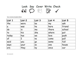 Year 1 Common Exception Words Spelling Lists Look Say Cover Write Check ...