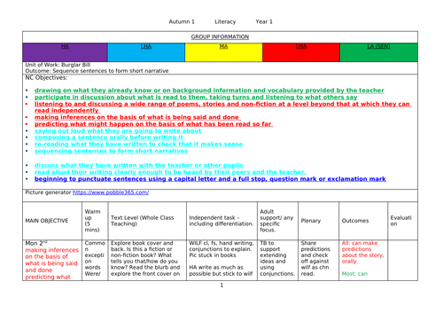 Year One - Burglar Bill planning and resources | Teaching Resources
