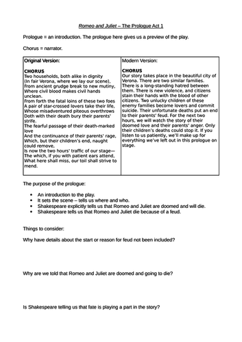 Romeo and Juliet Prologue 1 Act 1 Opening Worksheets Modern Meaning ...