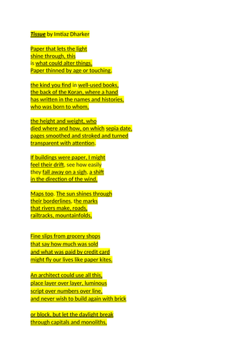 Poem Analysis - Tissue by Imtiaz Dharker | Teaching Resources