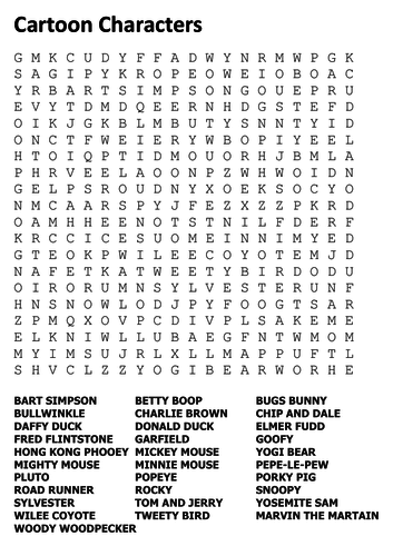 Cartoon Characters Word Search | Teaching Resources