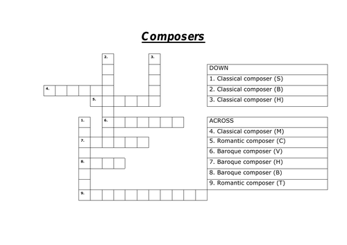 GCSE Crossword Starter - Composers | Teaching Resources