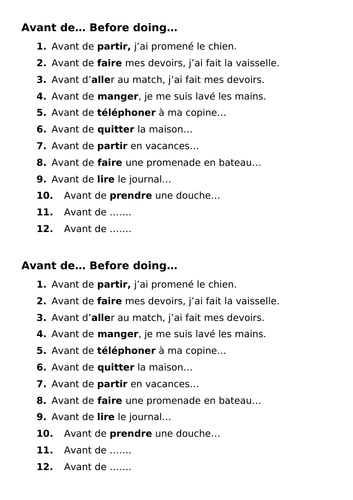 Avant de + perfect | Teaching Resources