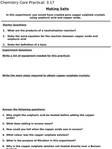 Core Practical Pupil Worksheets for Investigating pH and Making CuSO4 ...