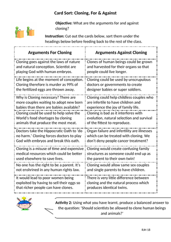 Ethics Card Sort: Cloning Arguments For & Against | Teaching Resources
