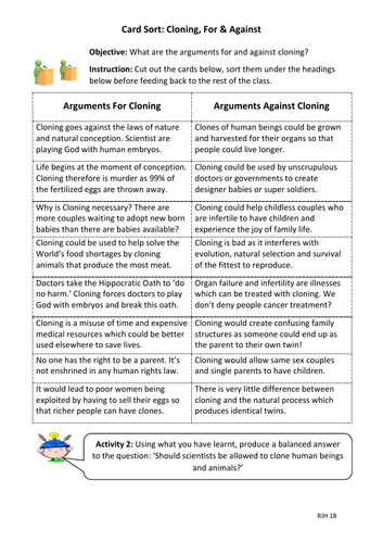 Card Sort: Cloning - Arguments For & Against | Teaching Resources