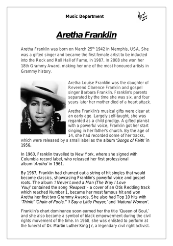 KS3 Music Cover Resource - Aretha Franklin | Teaching Resources
