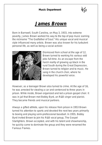 KS3 Music Cover Resource - James Brown | Teaching Resources