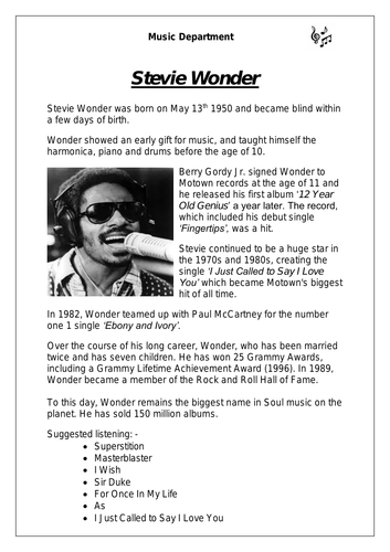 KS3 Music Cover Resource - Stevie Wonder (differentiated version ...