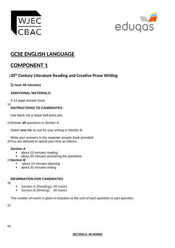Eduqas GCSE English Language Component 1 Practice Examination Paper ...