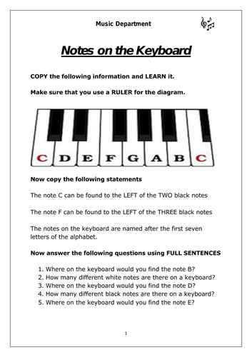 Ks3 Music - Notes on the Keyboard Worksheet | Teaching Resources