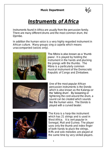 KS3 African Instruments Worksheet (differentiated for lower sets ...
