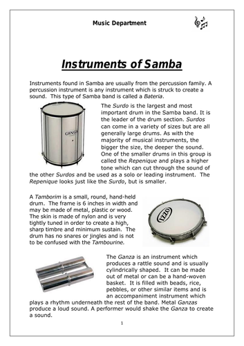 KS3 Music - Instruments of Samba Worksheet | Teaching Resources
