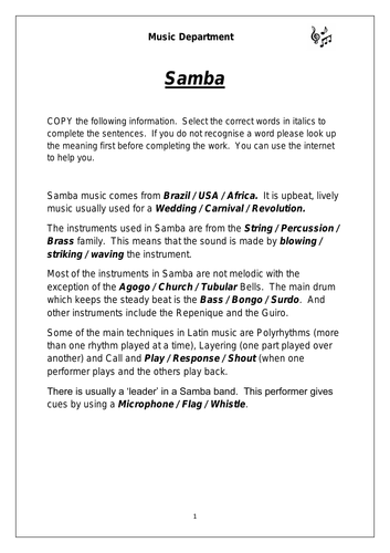 KS3 Music - Samba Worksheet | Teaching Resources