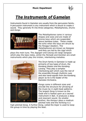 KS3 Music - Gamelan Instruments Worksheet | Teaching Resources