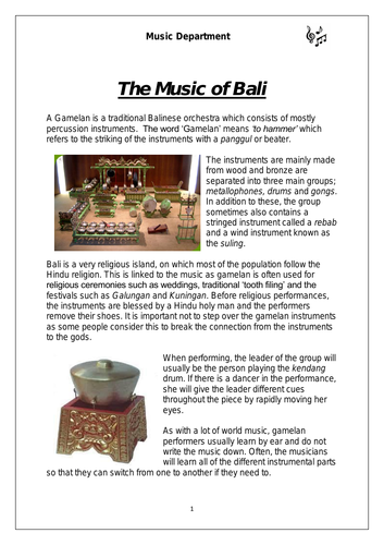 Ks3 Music The Music Of Bali Worksheet Teaching Resources 